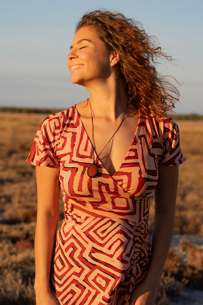 Aboriginal Art Ruched Midi Dress Summer Night - F.R | Yarn Marketplace