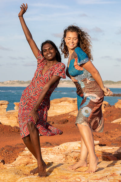 Aboriginal Art Ruched Midi Dress Summer Night - N.C | Yarn Marketplace